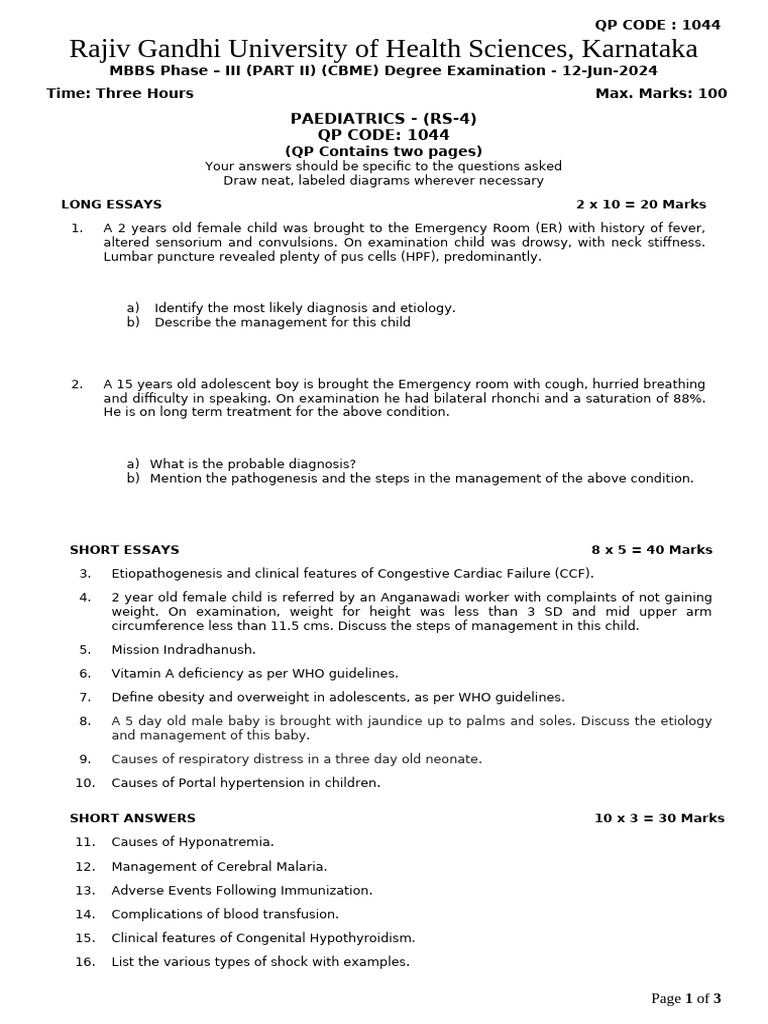 Mbbs - 1044 - Pediatrics - Tp1 (May-2024) - February-2024 (Apr-24) | PDF