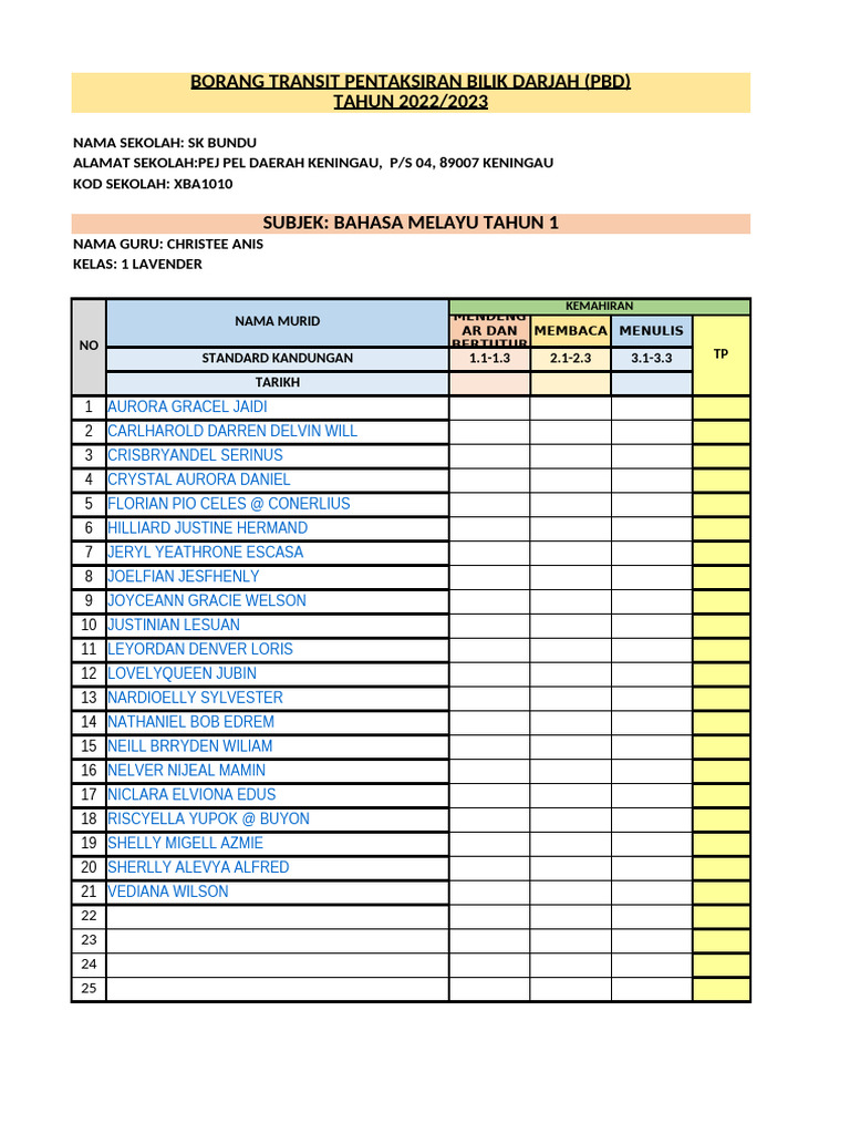 BORANG TRANSIT PBD 2022 TAHUN 1 | PDF