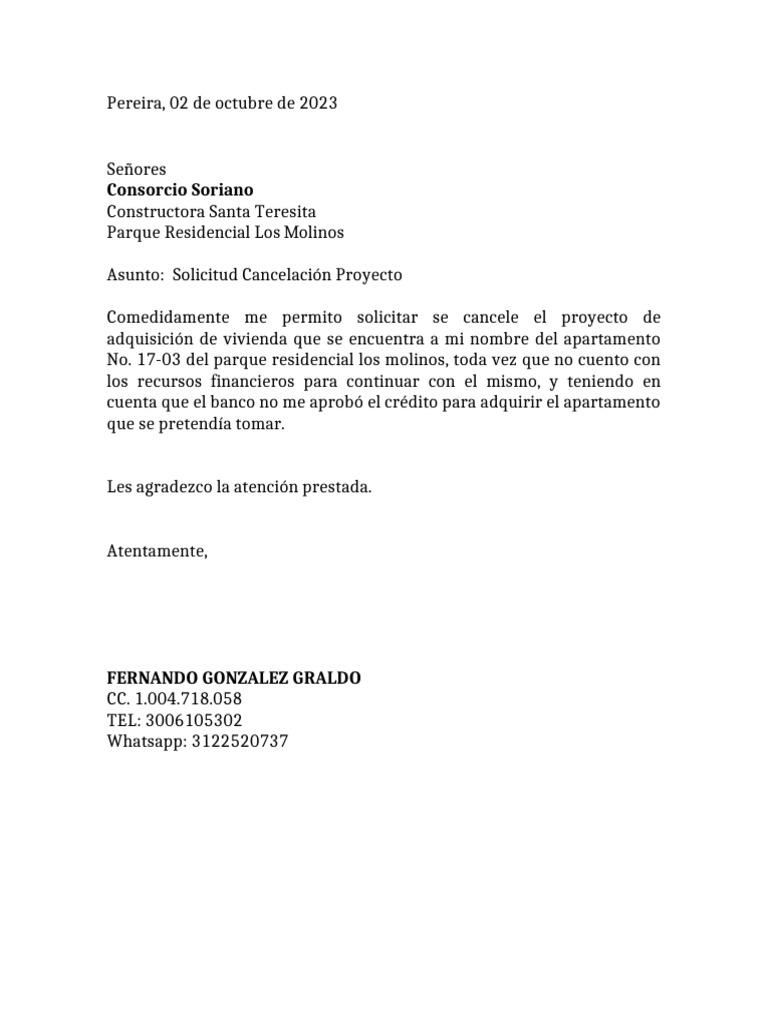 Oficio Cancelacion Proyecto | PDF