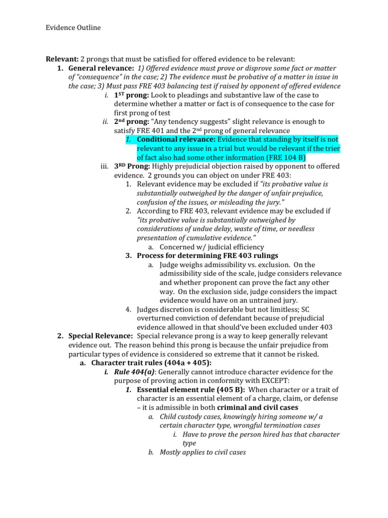 Evidence Outline | PDF | Witness Impeachment | Evidence (Law)