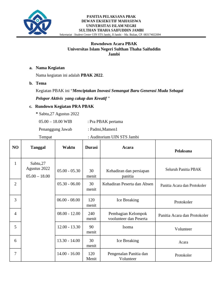Roundown Acara PBAK | PDF