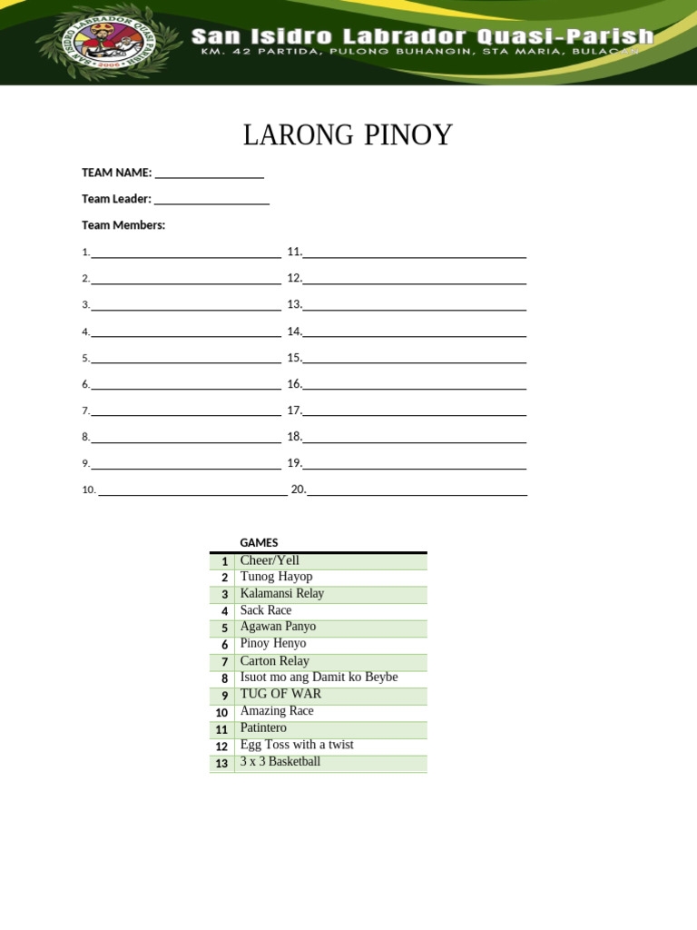 Larong Pinoy - Reg Form | PDF