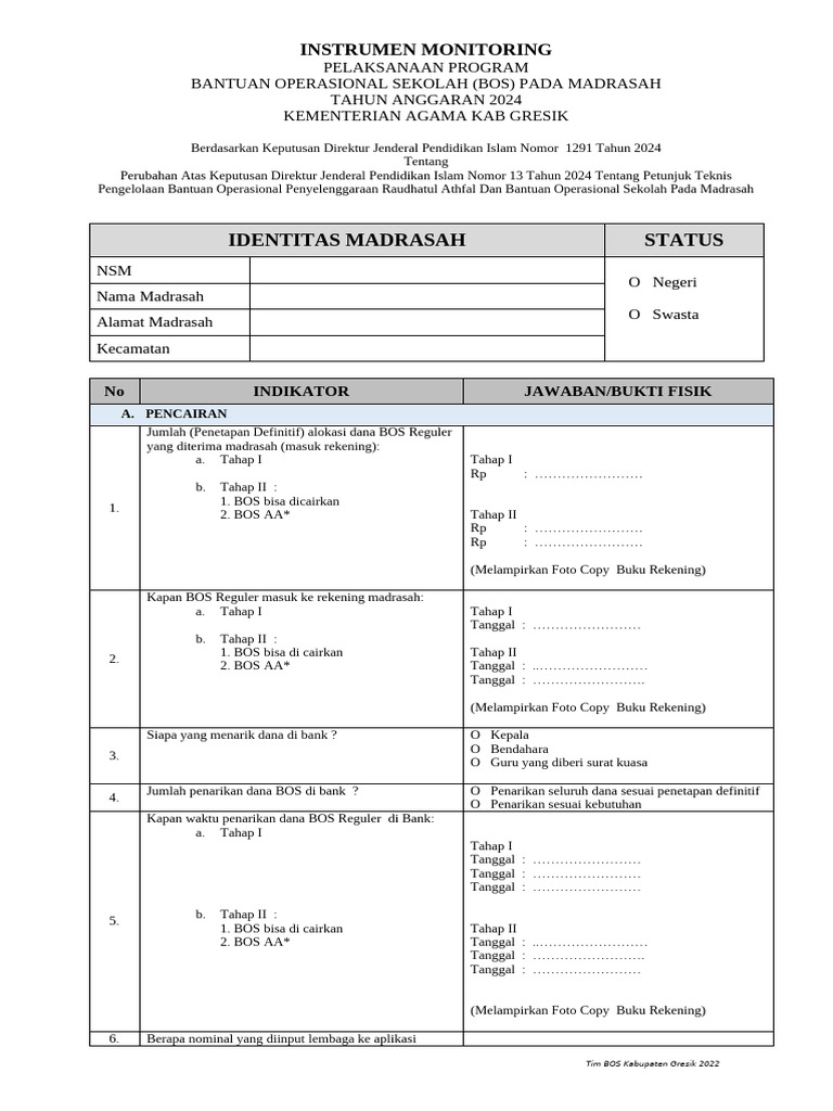 Instrumen Monitoring BOS Tahap 1 2024 | PDF