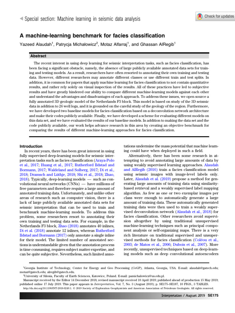 A machine-learning benchmark for facies classification | PDF
