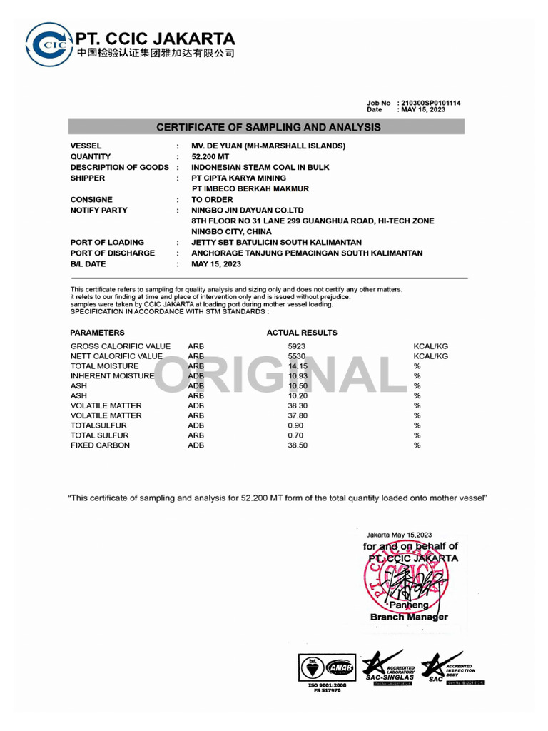 Ccic Coa BL Nar 5500-Gar 5800 Ckmsae 2023. | PDF