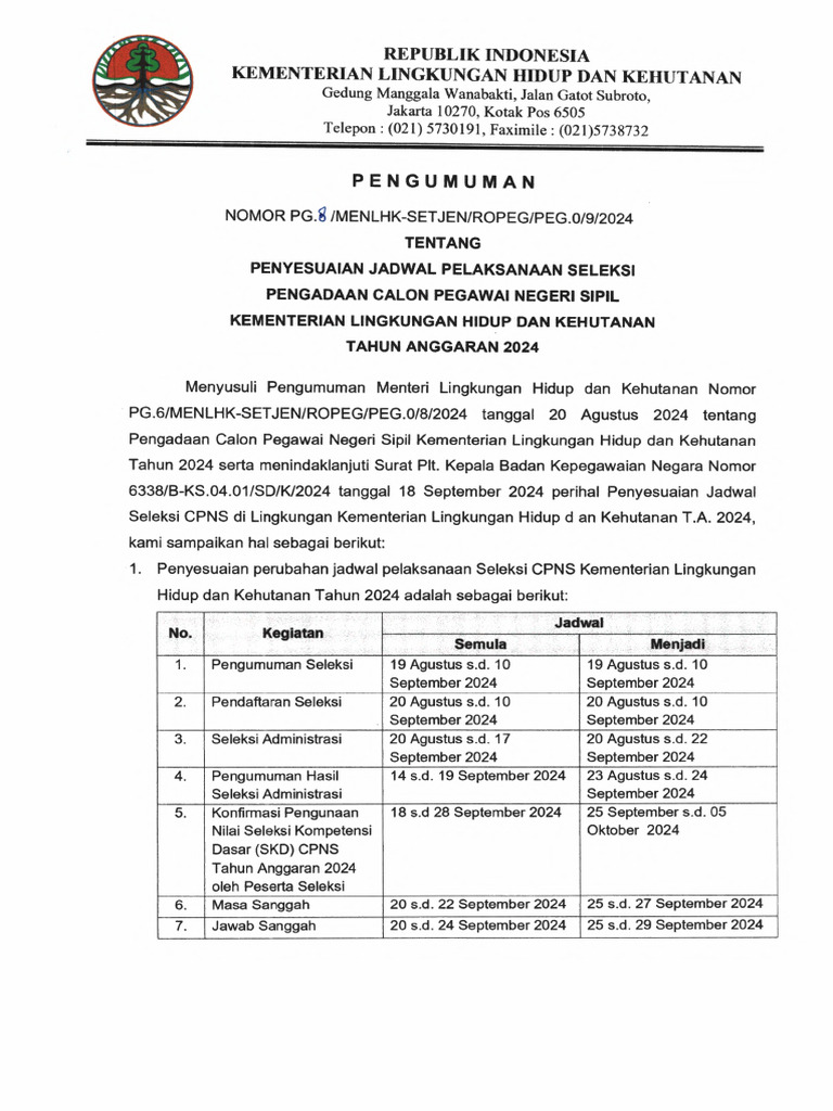 Pengumuman Penyesuaian Jadwal Seleksi Pengadaan Cpns KLHK 2024 | PDF Pengumuman Penyesuaian Jadwal Seleksi Pengadaan Cpns KLHK 2024 | PDF
