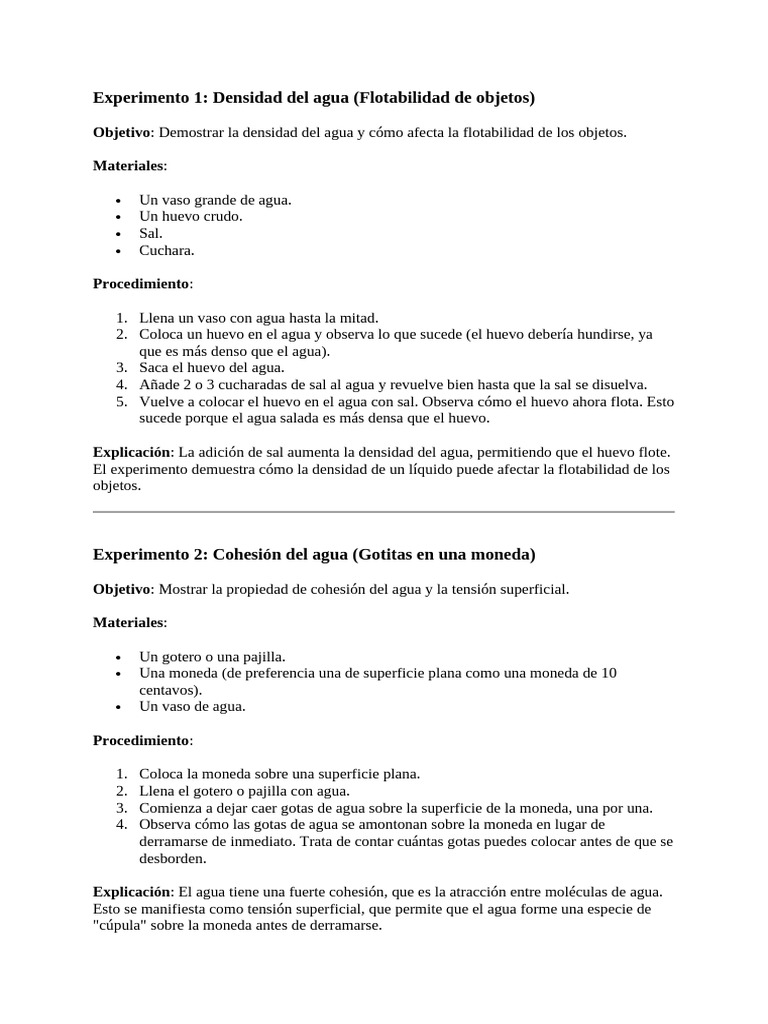 Experimentos Agua | PDF