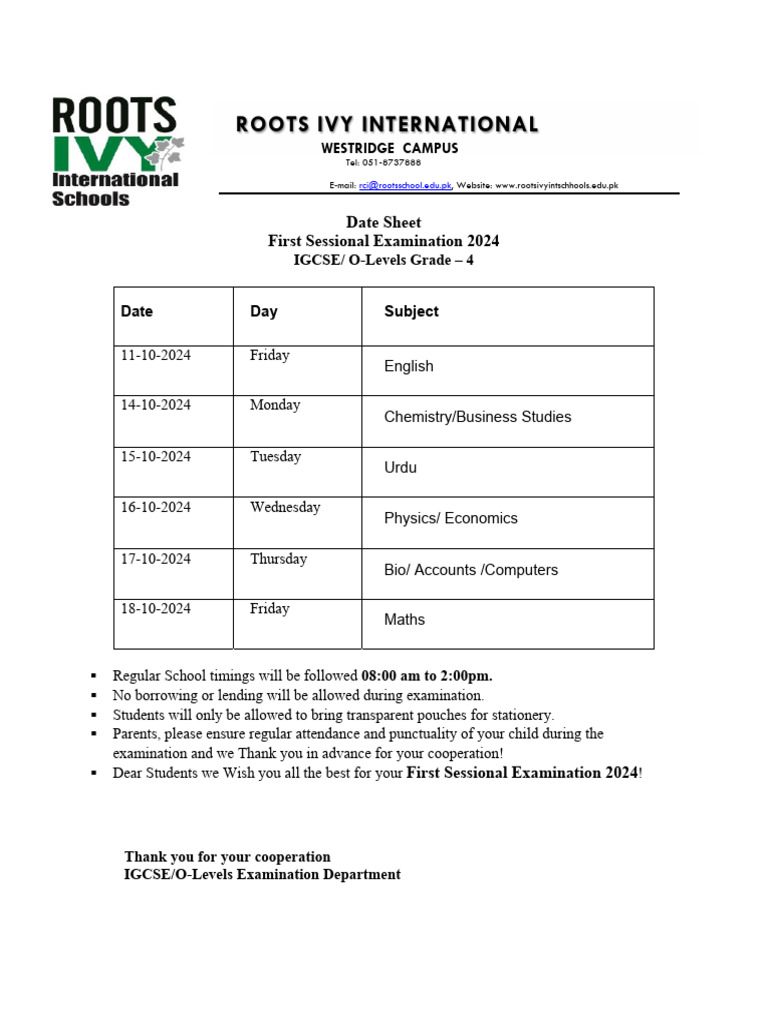 First Sessional Date Sheet IGCSE 4-1 | PDF