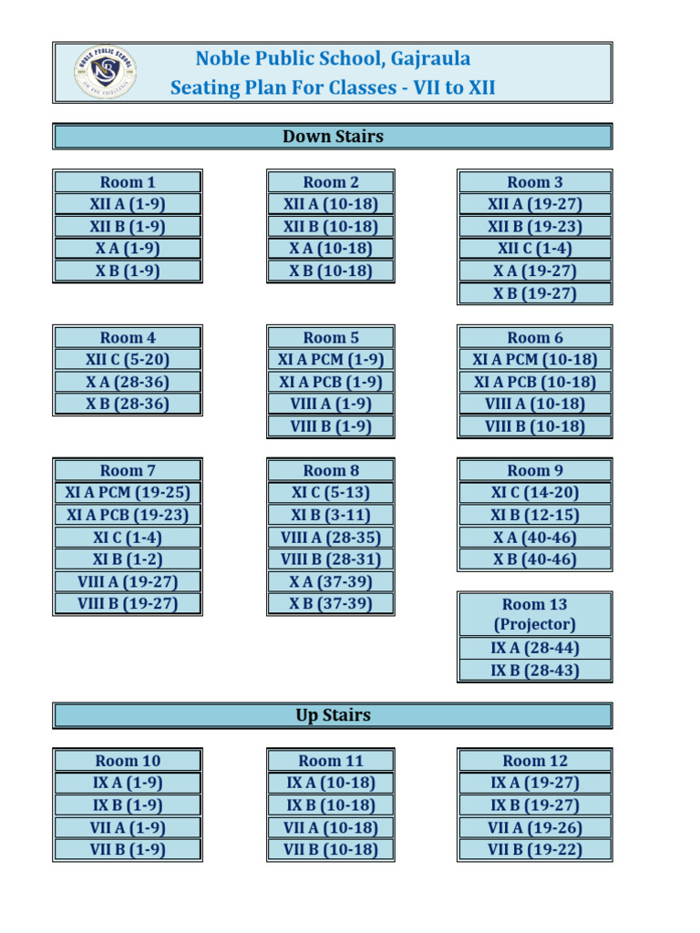 Class - 7 To 12 Seating Plan Half Yearly Exam (2024-25) | PDF