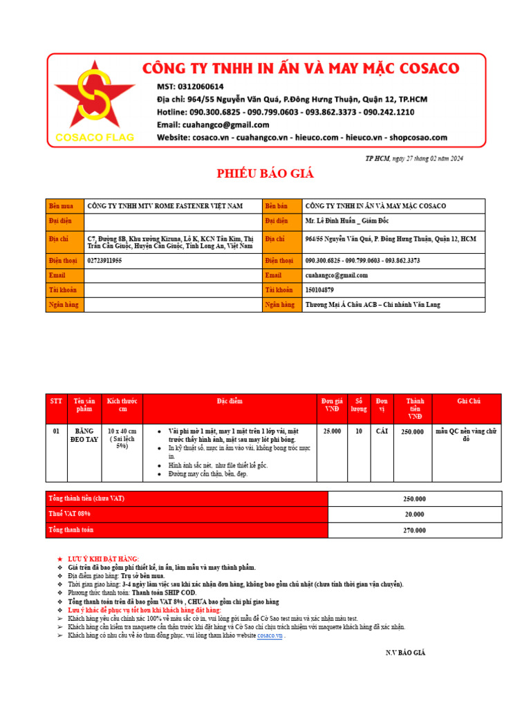 Phiếu Báo Giá - Băng Đeo Tay - rome Fastener Việt Nam | PDF