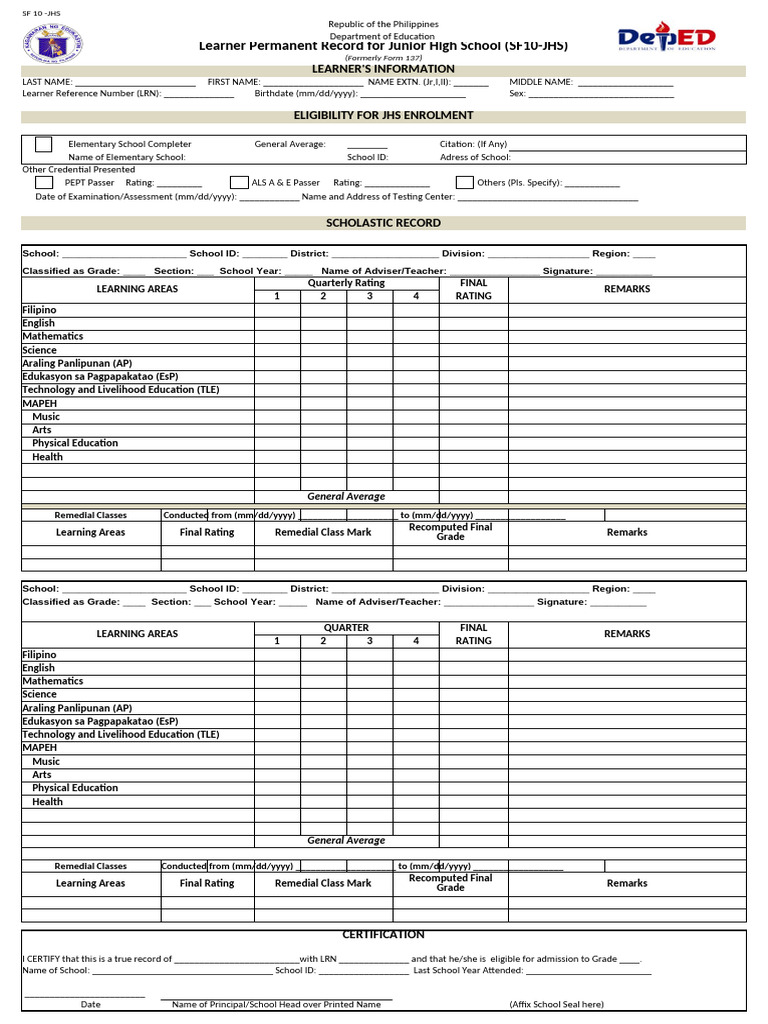 School Form 10 SF10 Gr.7 Bronze S.Y. 21 22 | PDF