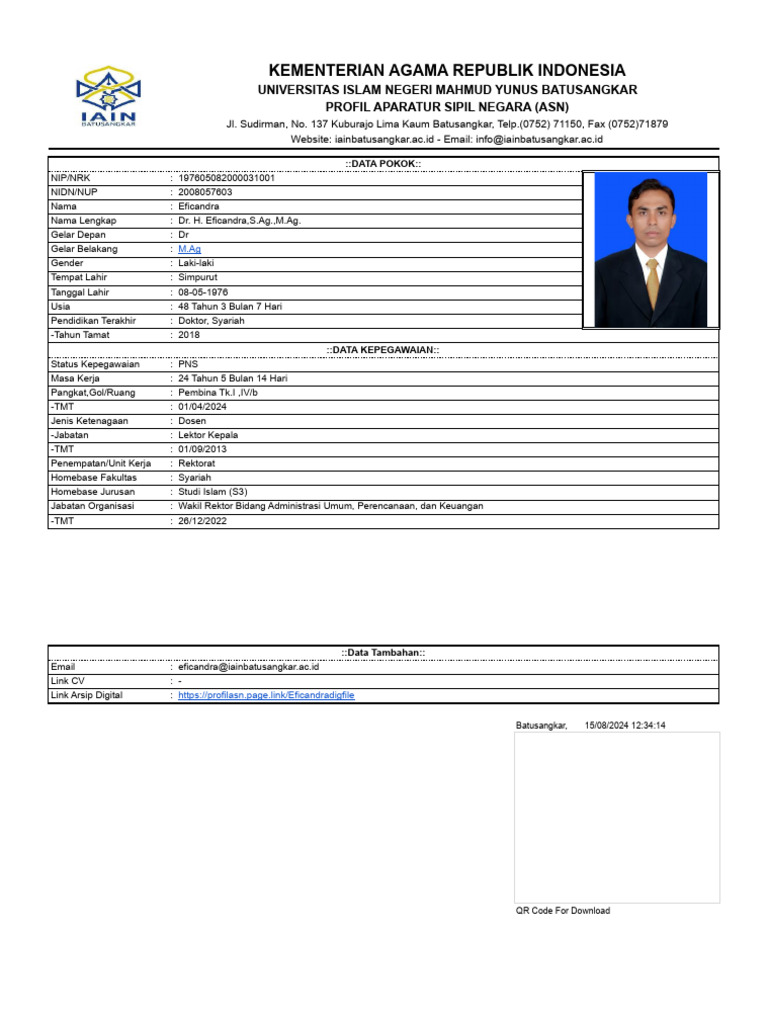 Profil ASN IAIN Batusangkar-Eficandra - Profil | PDF