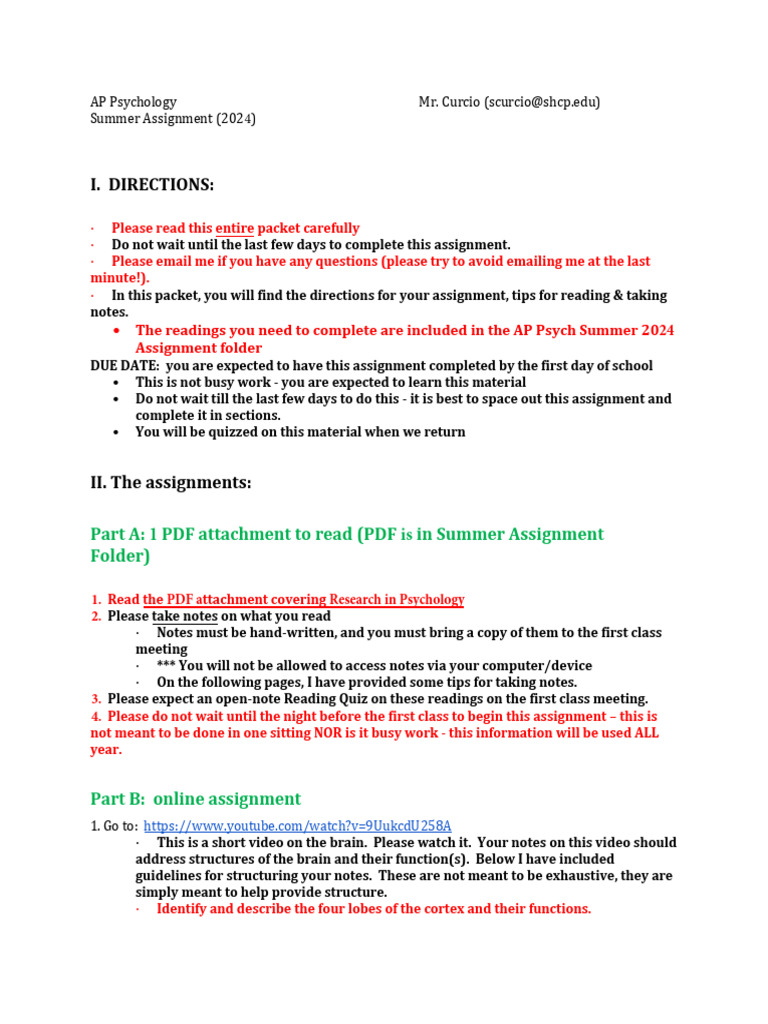AP Psych Instructions (Summer 2024) | PDF