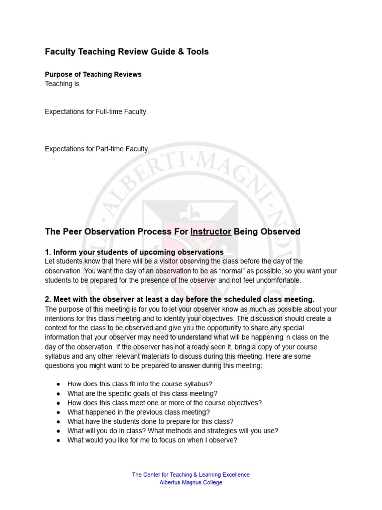 Guide & Tools For Reviewing Teaching at Albertus (Draft) | PDF