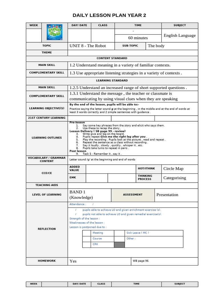 Year 2 English Lesson Plan: The Robot | PDF | Lesson Plan | Learning