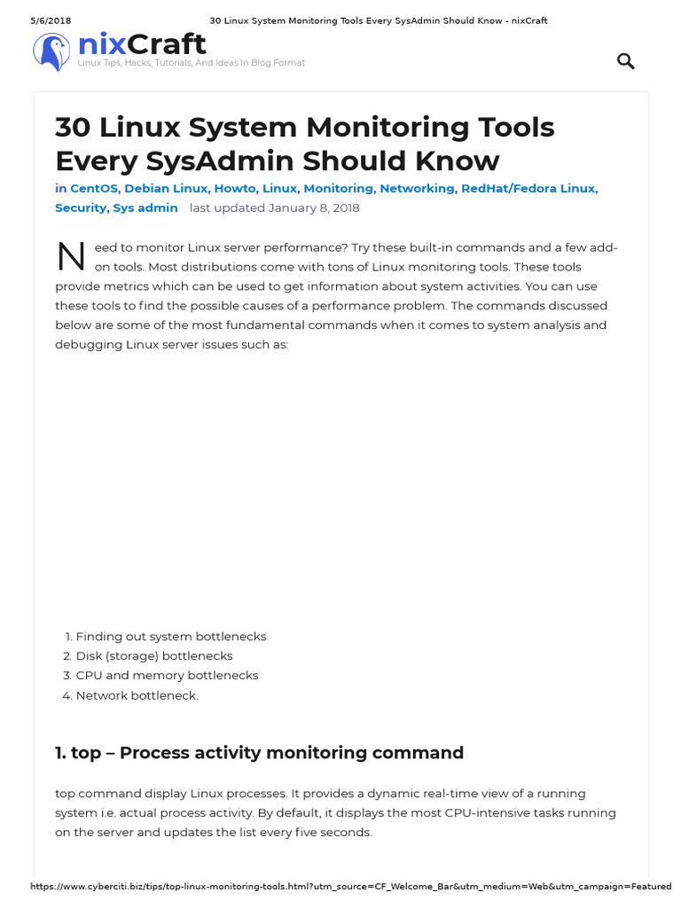 30 Linux System Monitoring Tools Every SysAdmin Should Know (Nixcraft 2018) | PDF