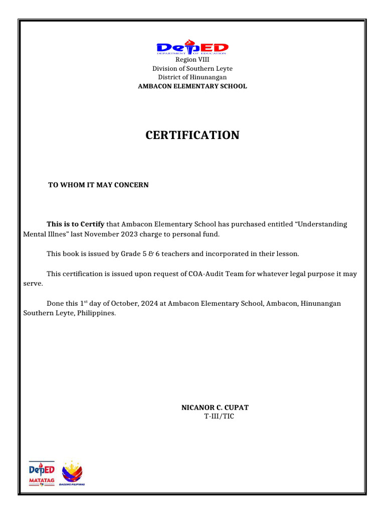 Certification For COA Mental Illness Ambacon ES | PDF