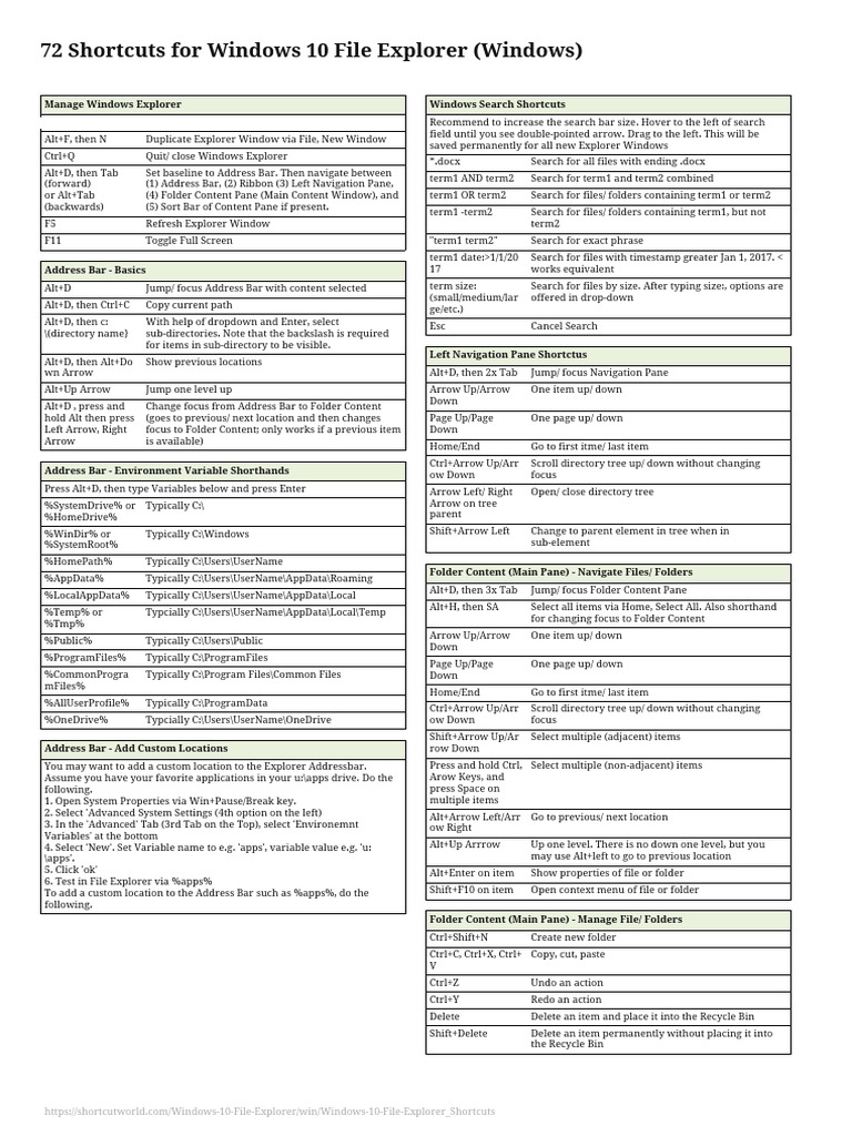 72 Shortcuts for Windows 10 File Explorer [Windows] | PDF