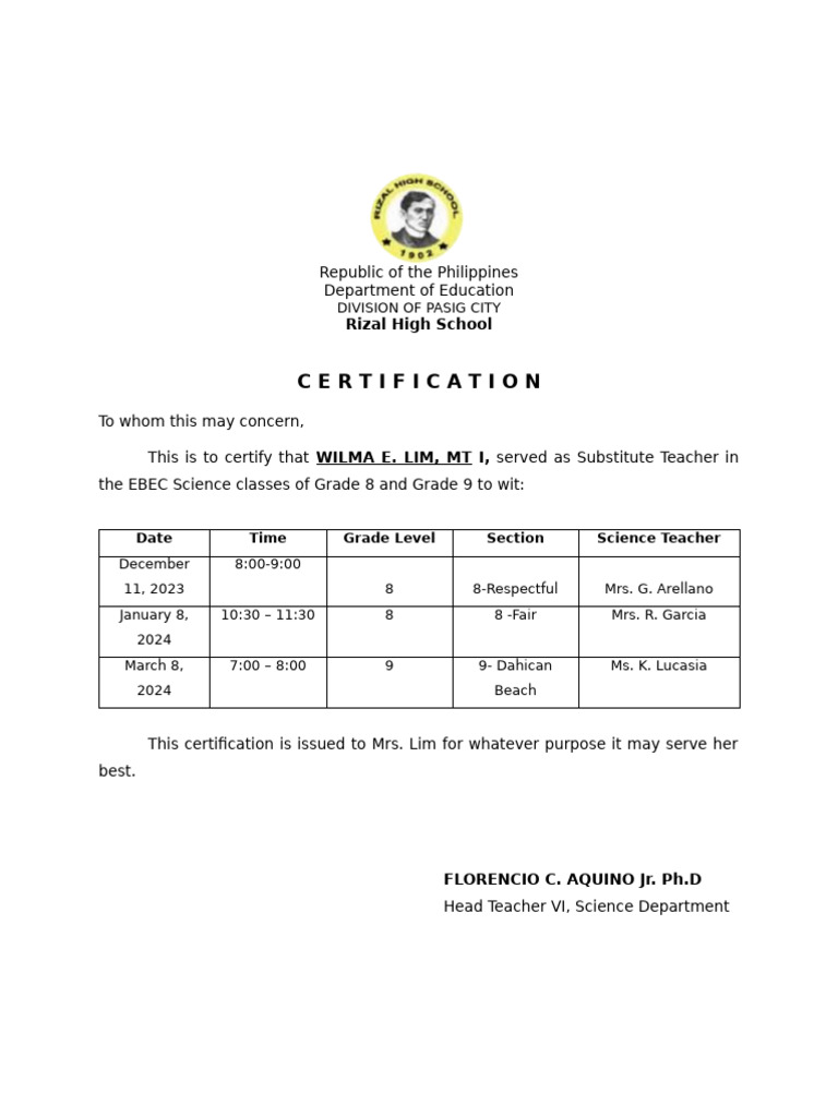 Certification Substitution of Classes | PDF