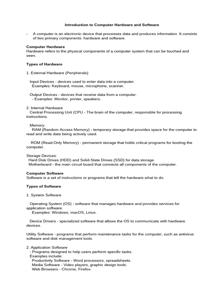 HANDOUT Introduction To Computer Hardware and Software | PDF