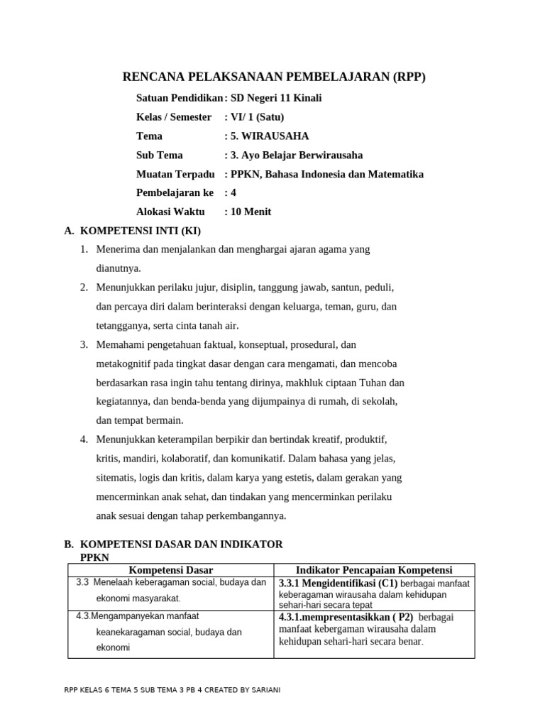 RPP Kelas 6 Tema 5 Wirausaha Sub Tema 3 PB 4 Sariani, CGP | PDF