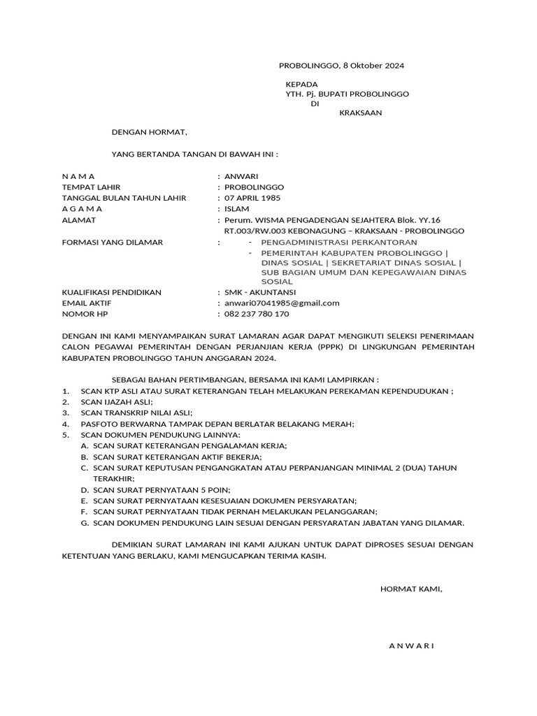 Surat Lamaran PPPK Anwari 2024 | PDF