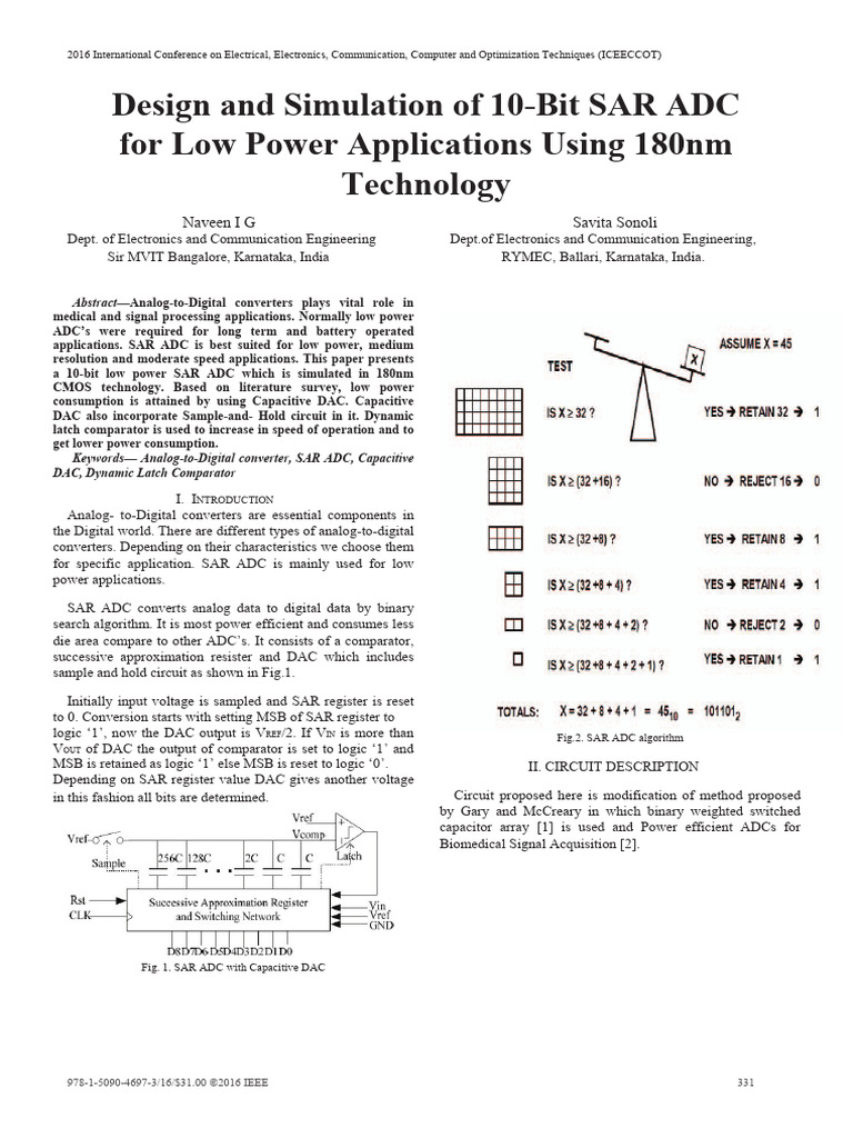 Design and Simulation of 10-Bit SAR ADC For Low Power Applications Using 180nm Technology | PDF