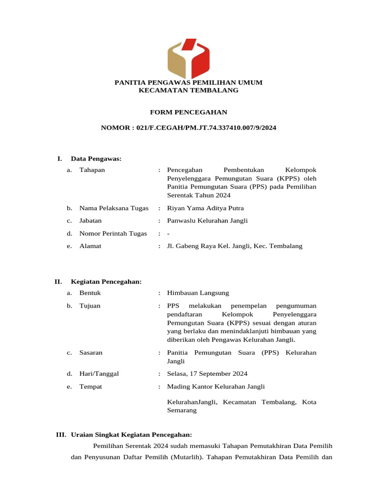 Jangli Form F Penempelan Pengumuman Pendaftaran Kpps 17 September 2024 | PDF