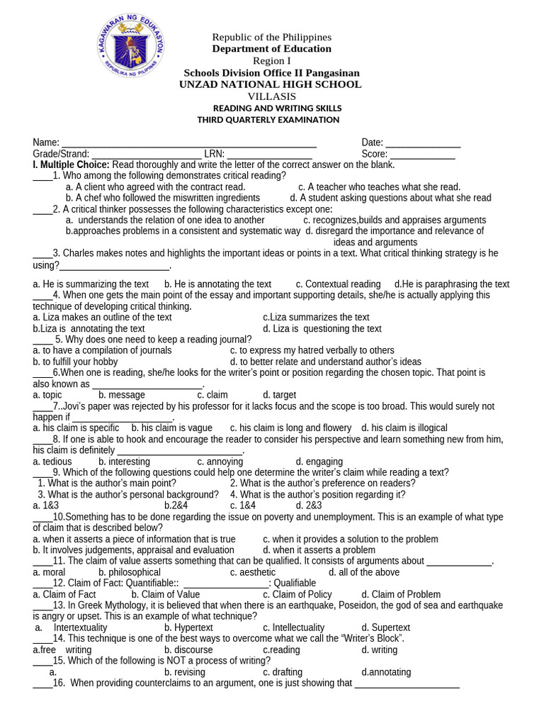 RWS-exam 3RQ QUARTER | PDF