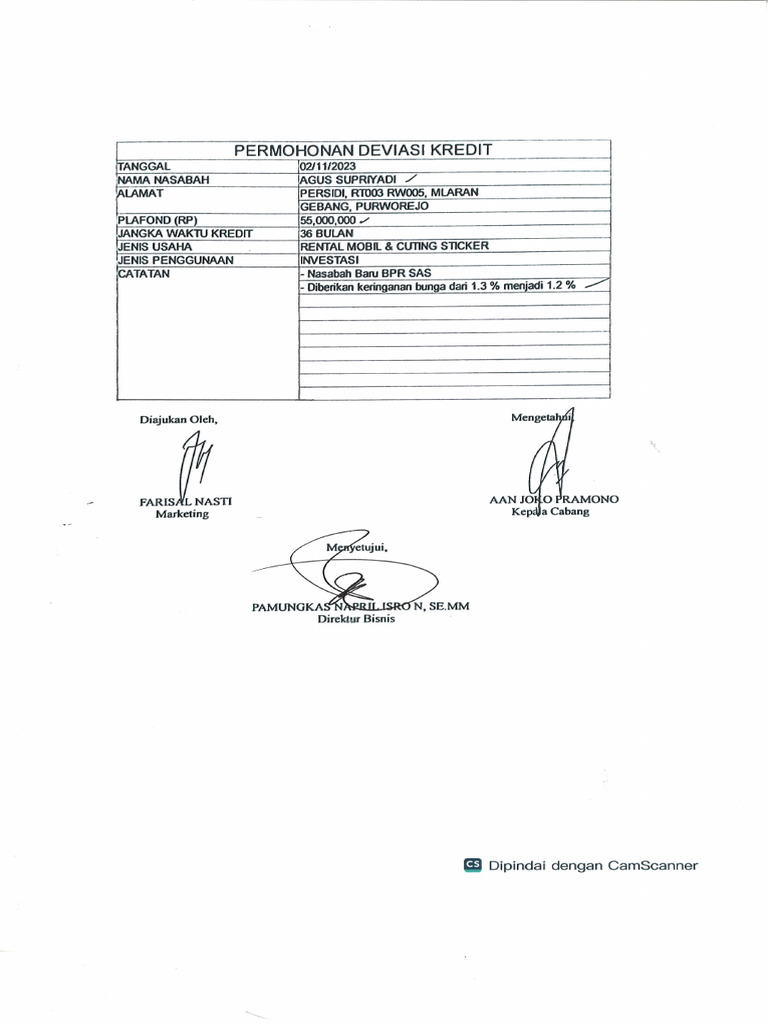 Dokumen Permohonan Deviasi Kredit Agus Supriyadi (Sudah Acc + Sudah TTD) | PDF