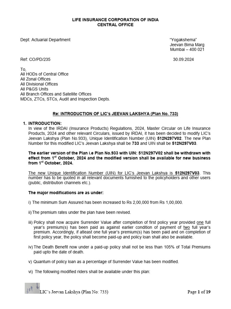 LIC's JEEVAN LAKSHYA (Plan No. 733) | PDF