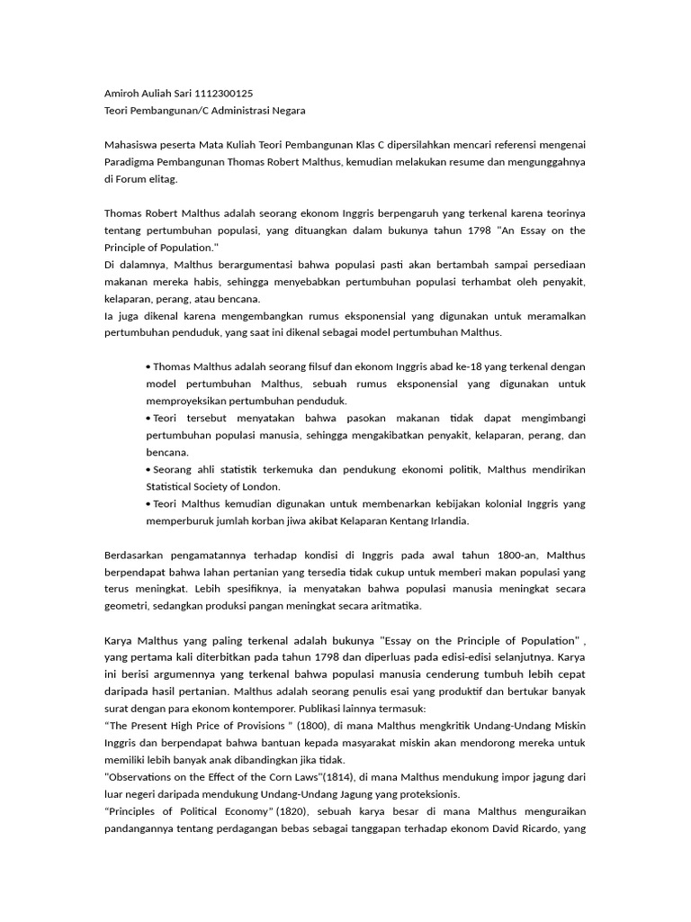 Amiroh Auliah Sari (Thomas Robeth Malthus) Teori Pem | PDF
