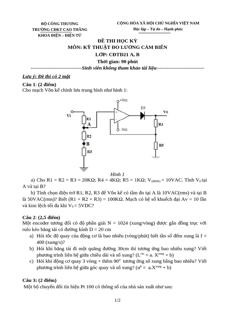 De Thi Do Luong Cam Bien 2022 | PDF