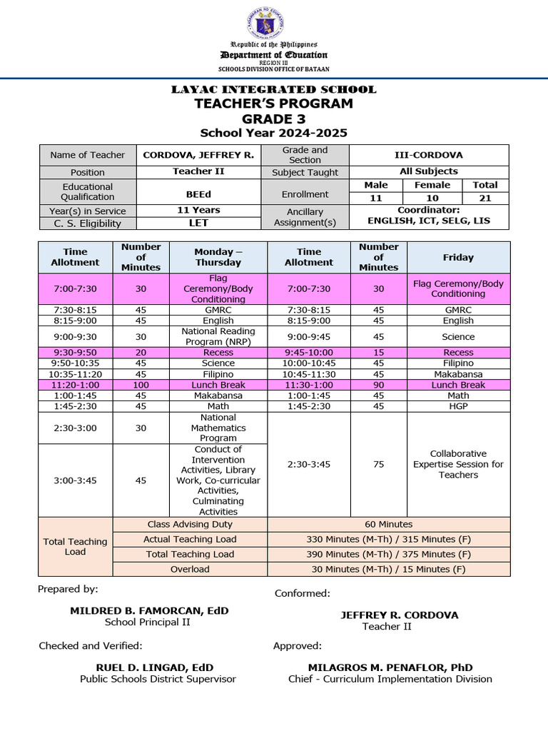 Class Program - Grade 3 - Cordova 1 | PDF