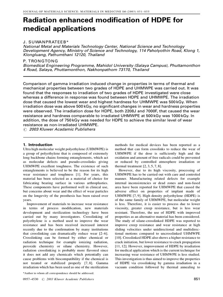 Radiation Enchanced Modification of HDPE For Medical Applications | PDF