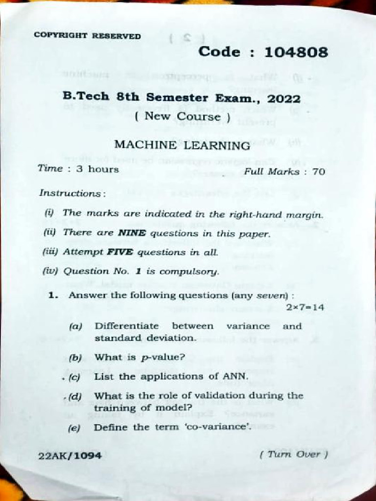 Machine Learning PYQ 2022 | PDF