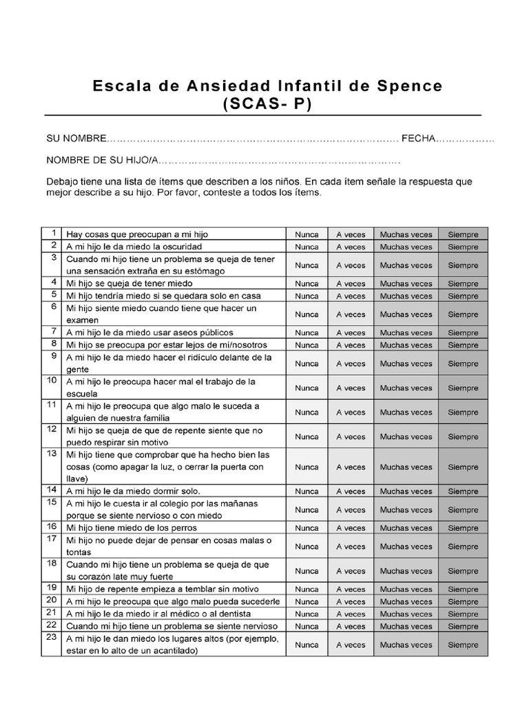 Escala de Ansiedad Infantil de Spence (Scas - P) | PDF