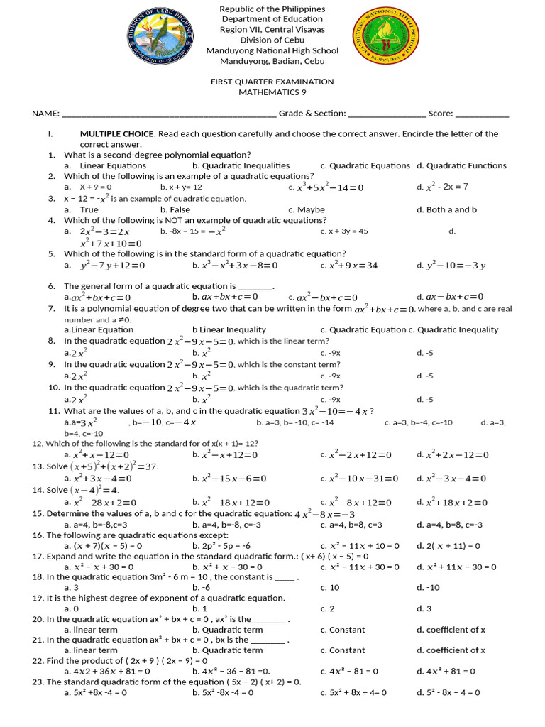 Math 9 1st Quarter | PDF