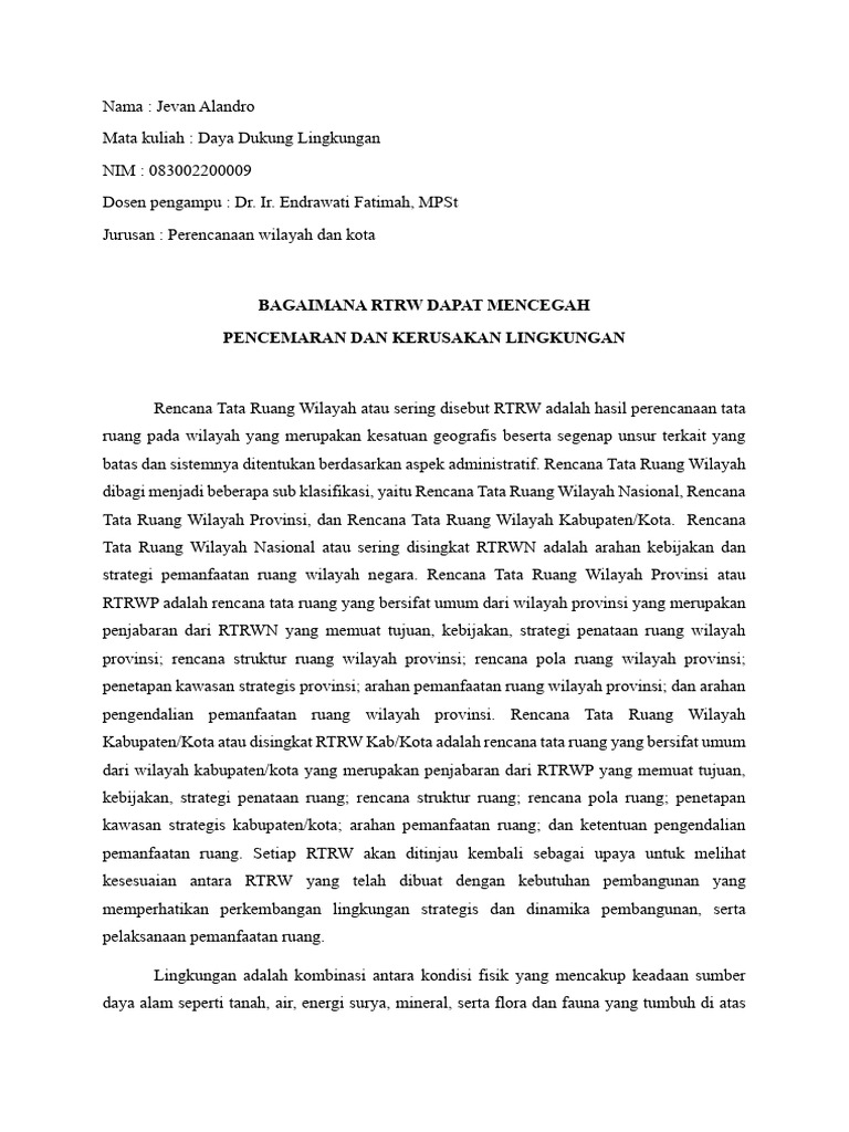 2209 - Jevan Alandro - Bagaimana RTRW Dapat Mencegah Pencemaran Dan Kerusakan Lingkungan | PDF