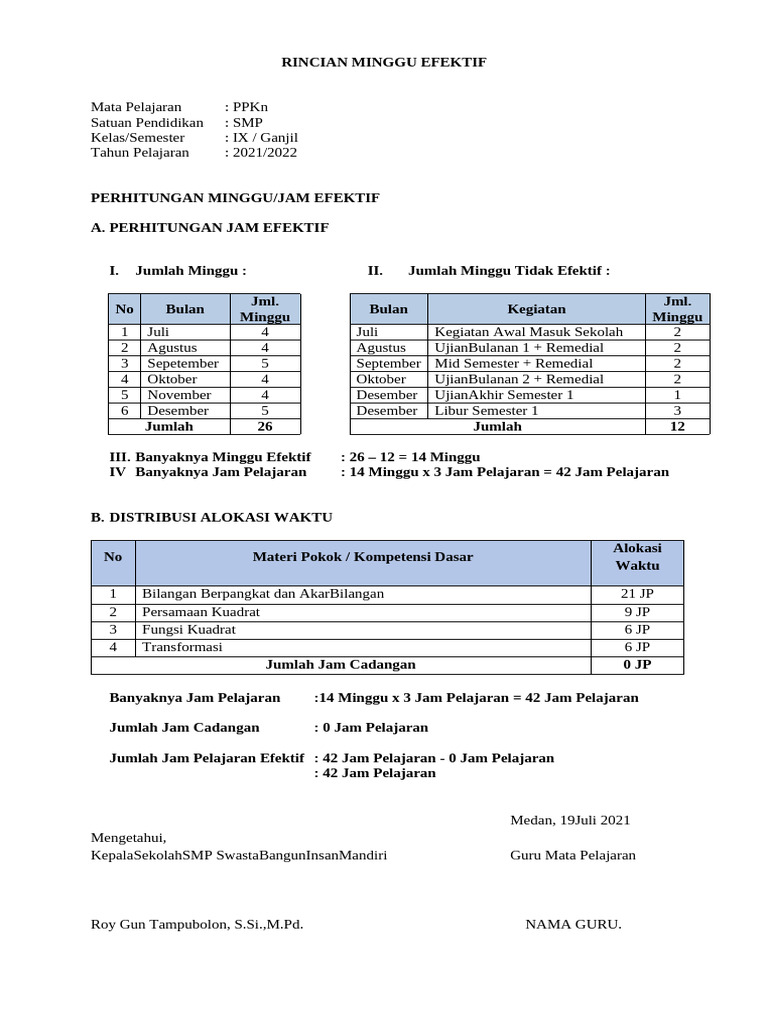 Contoh Rincian Minggu Efektif | PDF