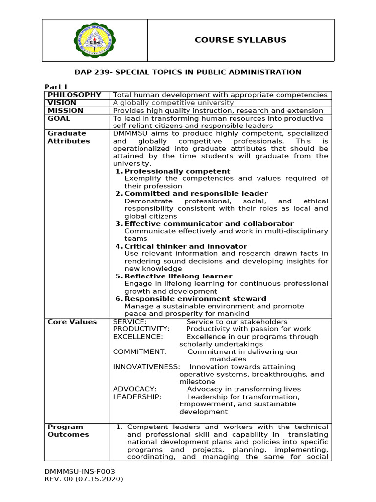 Dap 239 Special Topics in Public Administration | PDF