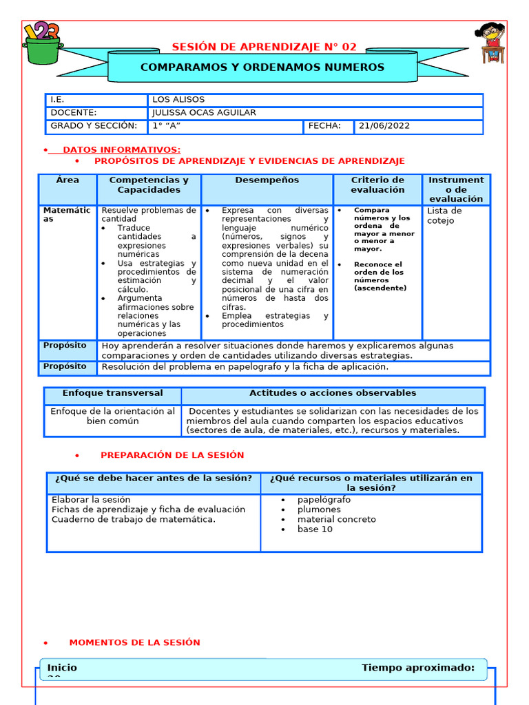 Sesion de Mat Comparamos y Ordenamos Números | PDF