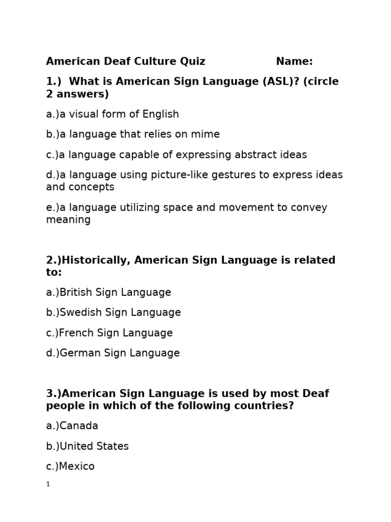 DFST 1 PreUnit American Deaf Culture Quiz-2 | PDF
