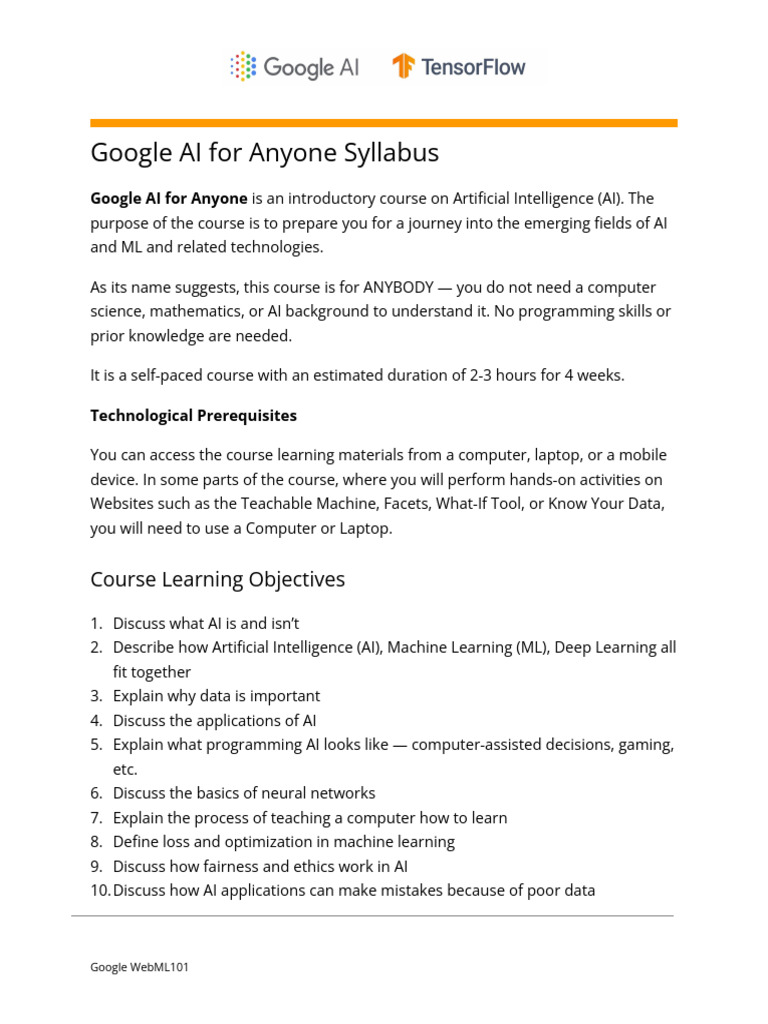 Asset-V1 Google+WebML101+3T2021+Type@Asset+Block@Google AI For Anyone - Syllabus | PDF