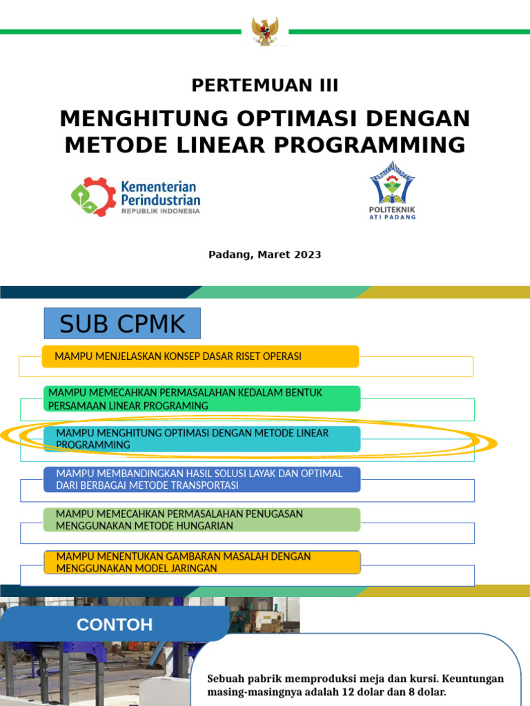PERTEMUAN III - Menghitung Optimasi Dengan Metode Linear Programming | PDF | Metode & Bahan Ajar