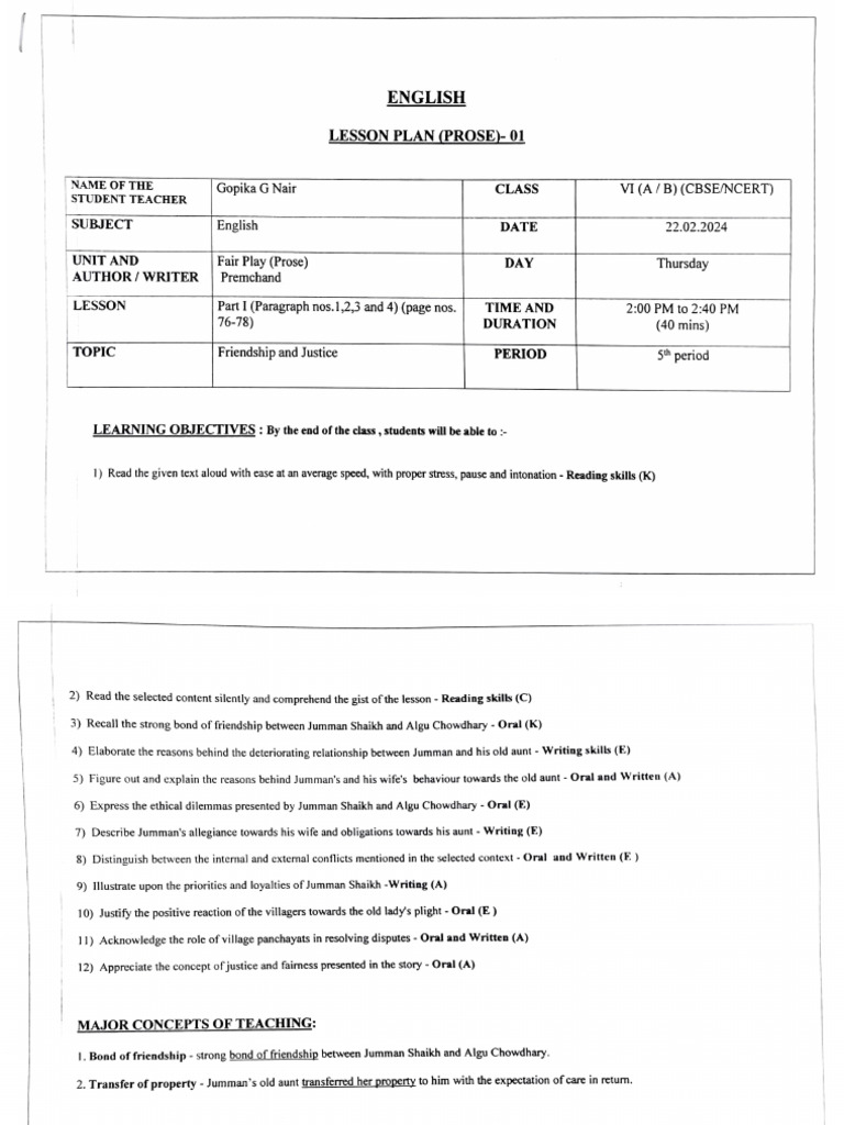 Model Lesson Plan - English-1 | PDF