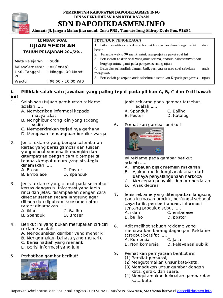 Soal US Kelas 6 SBDP Dapodikdasmen - Info | PDF