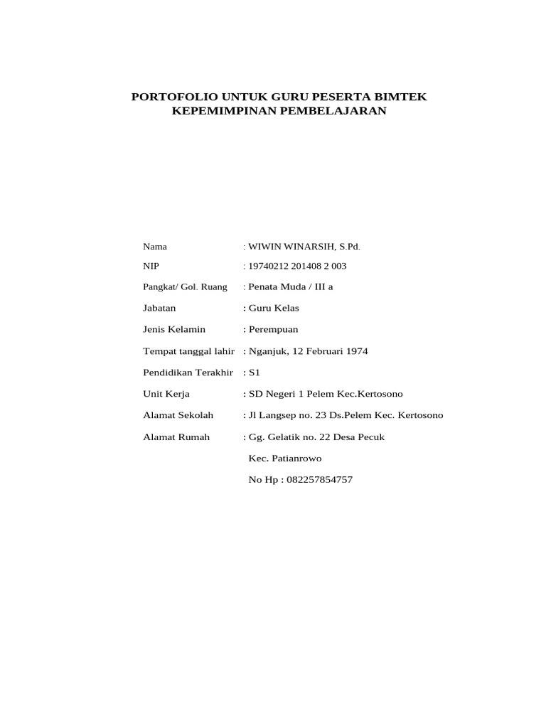 PORTOFOLIO PESERTA BIMTEK KEPIMPINAN WIWIN WINARSIH, S.PD | PDF
