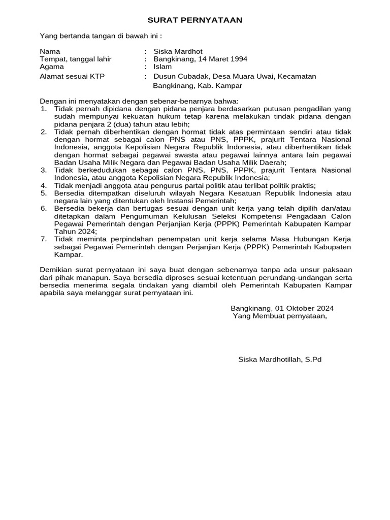 Format Surat Pernyataan | PDF