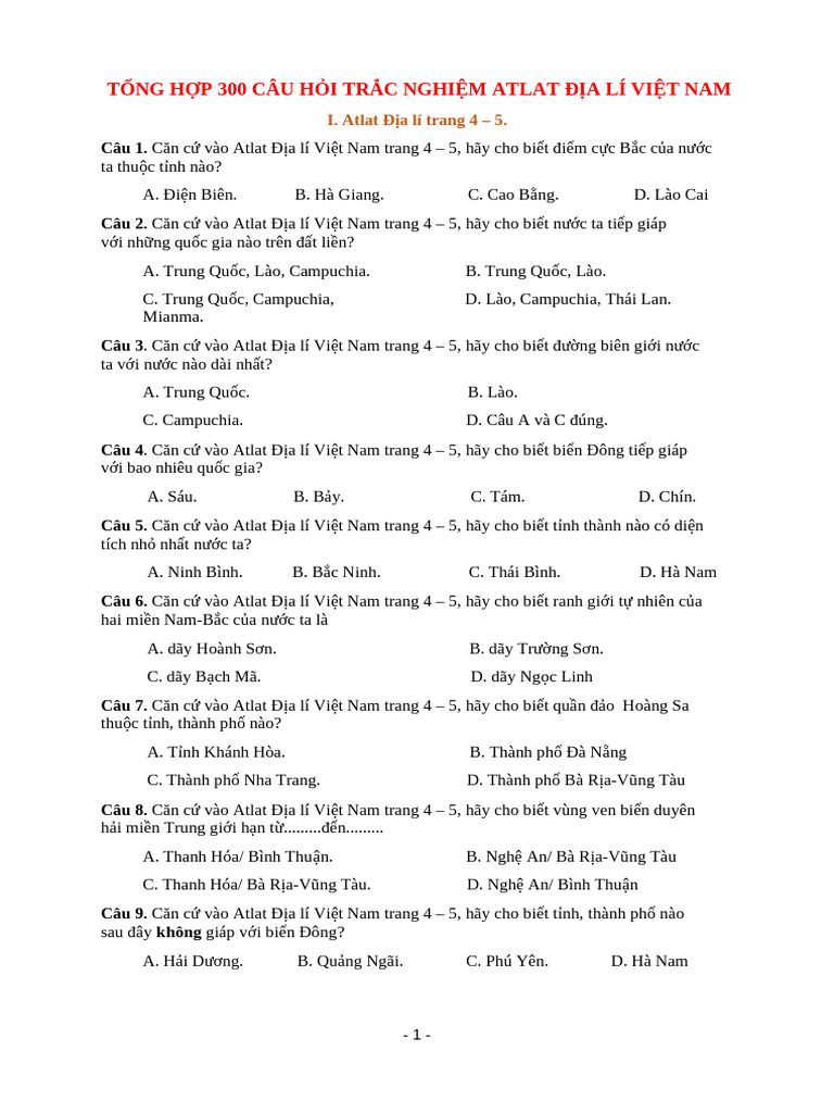 TN-300 Cau Hoi Trong Tam Ve Atlat Dia Ly | PDF